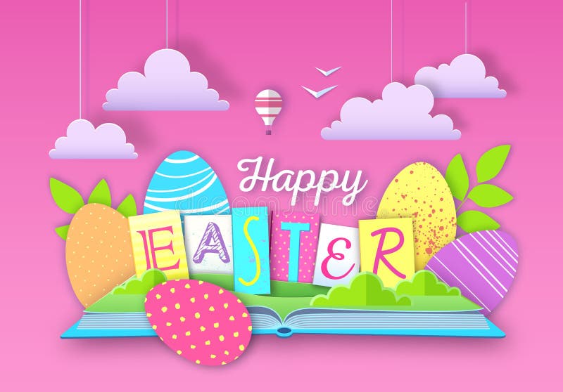 Open Fairy Tale Book with Easter Eggs. Cut Out Paper Art Style Design ...