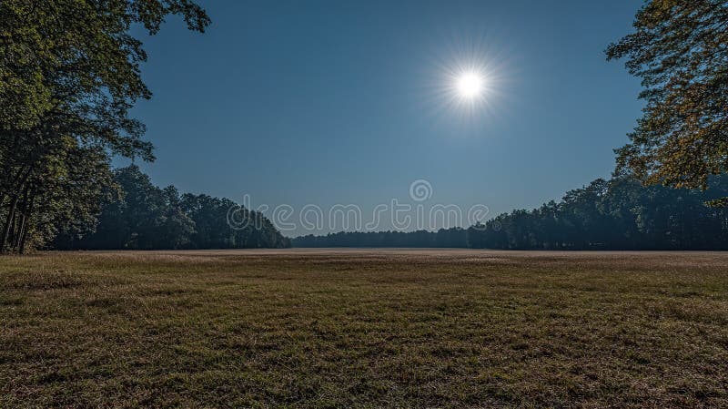 Open Field Bathed in Morning Sun, Framed by Trees Stock Photo - Image ...