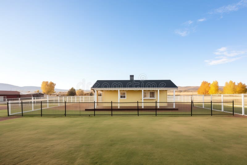 Open Field with a Flatroofed Cabin and Fencing Stock Photo - Image of ...