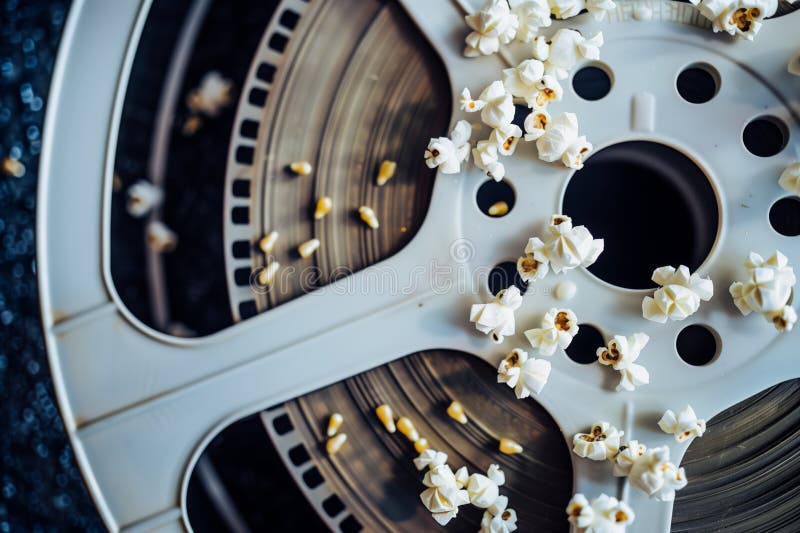 Open Film Reel with Popcorn Kernels Threaded in the Sprockets Stock ...