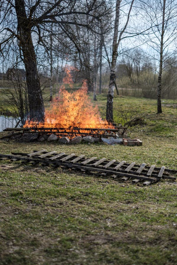 Open Fire Burning in Countryside Home Garden Stock Image - Image of ...