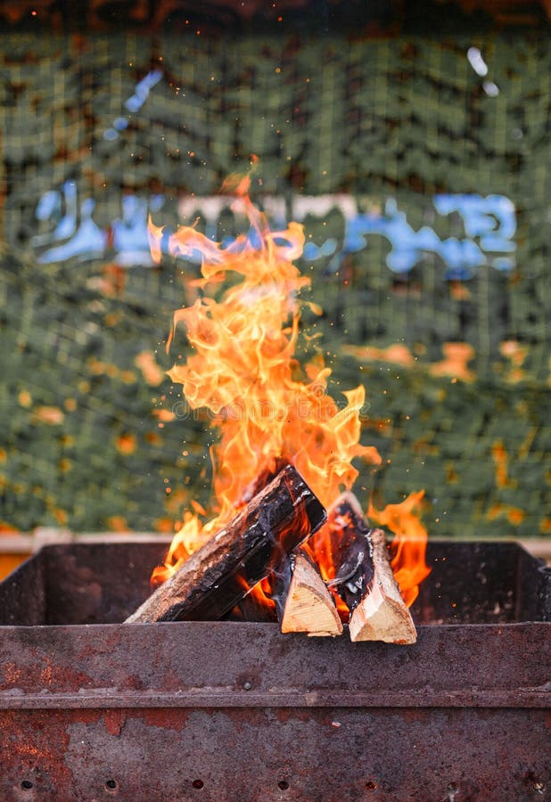 Open Fire Burning in an Outdoor Barbecue Stock Image - Image of burning ...