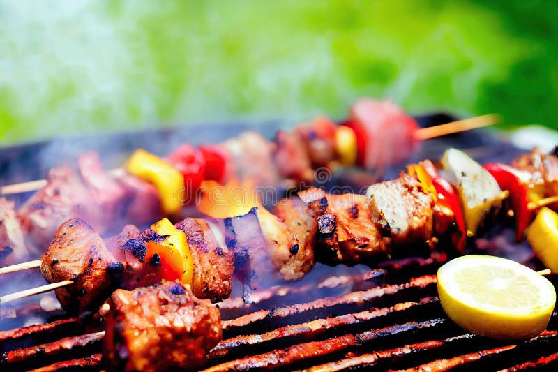 Open-fire Grilled Beef Shishkabob with Vegetables Stock Illustration ...