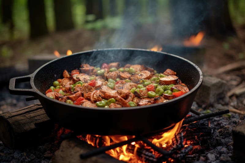 Open Fire Jambalaya Cooking with Glowing Embers and Smoke Stock ...