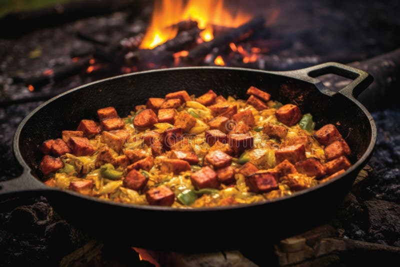 Open Fire Jambalaya Cooking with Glowing Embers and Smoke Stock ...