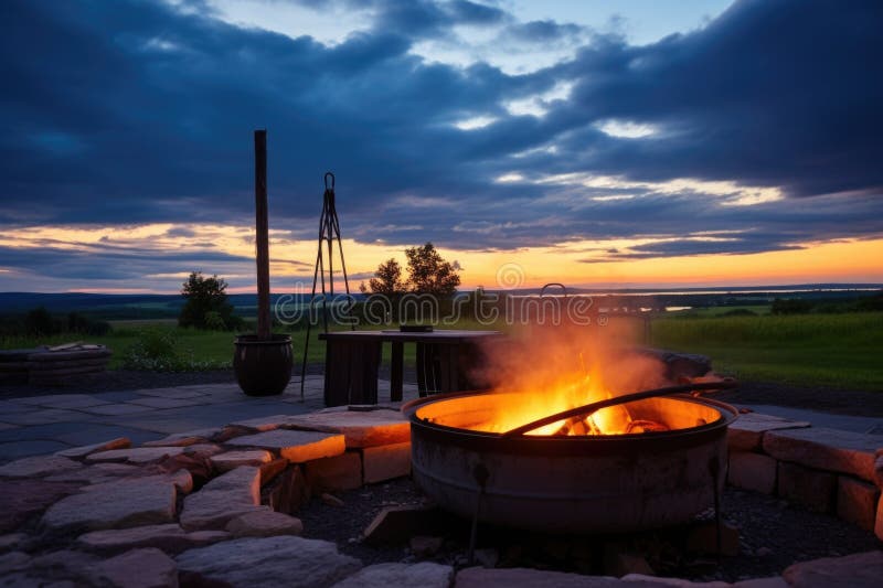 Open Fire Pit with Boiling Pot and Steam Against Dusk Sky Stock ...