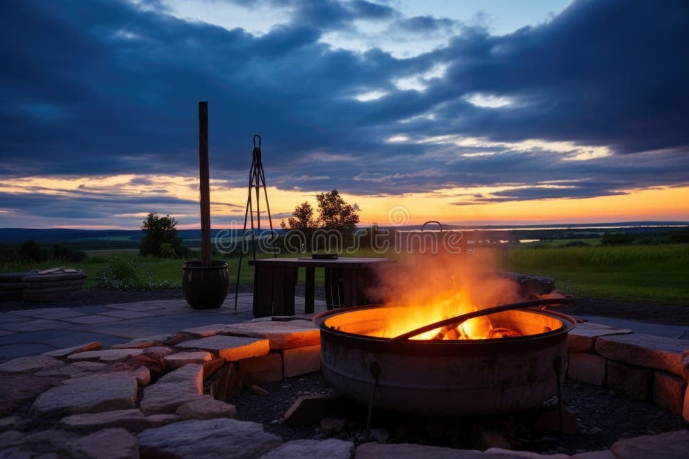 Open Fire Pit with Boiling Pot and Steam Against Dusk Sky Stock ...