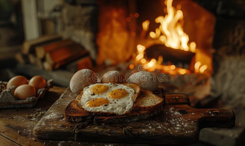 On an Open Fire with Toast and Eggs Stock Image - Image of meat ...