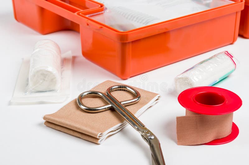 A Open First Aid Kit with Dressing Material Stock Image - Image of care ...