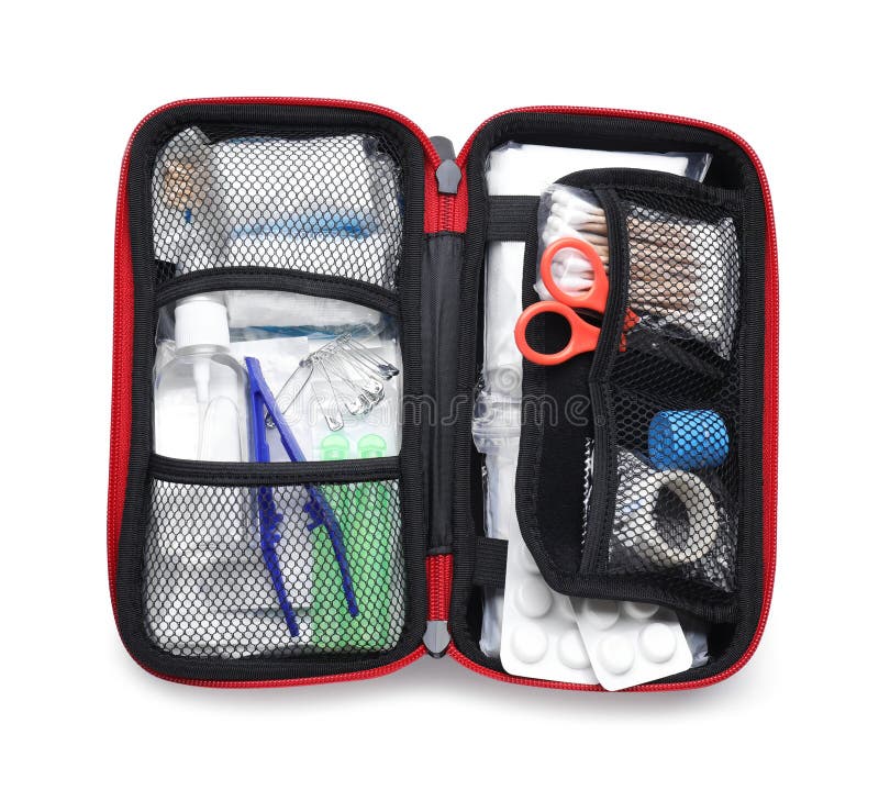 Open First Aid Kit Isolated on White, Top View Stock Photo - Image of ...
