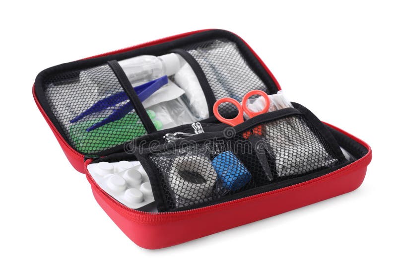 Open First Aid Kit Isolated on White Stock Photo - Image of illness ...