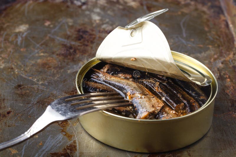 Open Fish Preserves and Fish on the Fork Stock Photo - Image of ...