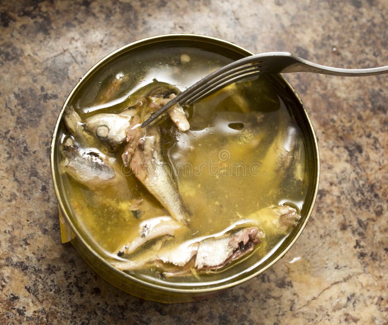 Open Fish Preserves and Fish on the Fork Stock Photo - Image of meal ...