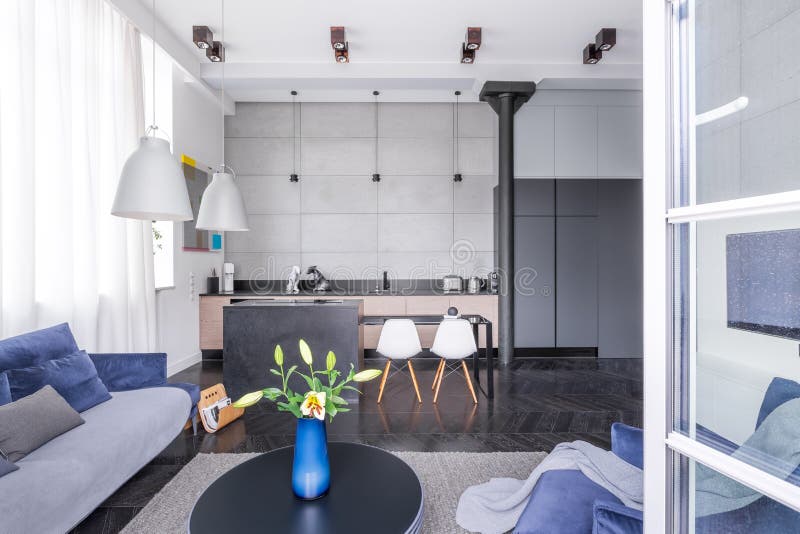 Open Floor Apartment with Stairs Idea Stock Image - Image of light ...