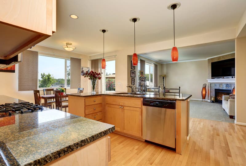 Open Floor Plan. Kitchen Room Interior with Granite Counter Top Stock ...
