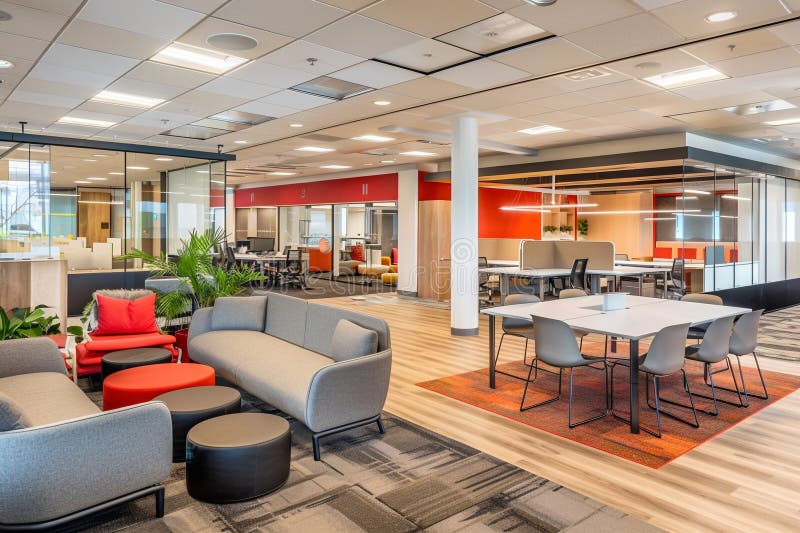 An Open Floor Plan Office with Collaborative Hubs and Quiet Zones for ...