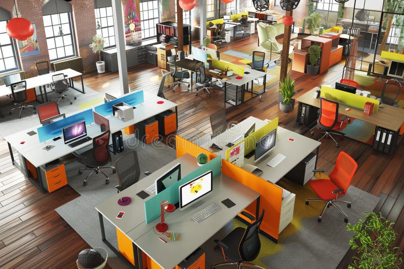An Open Floor Plan Office with Ergonomic Desks and Vibrant Workspaces ...