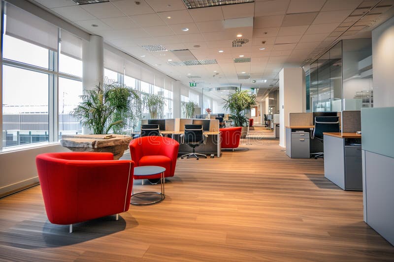 An Open Floor Plan Office with Ergonomic Furniture and Dynamic Work ...