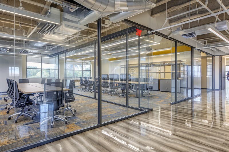 An Open Floor Plan Office Featuring Glass Walls and Open Meeting Spaces ...