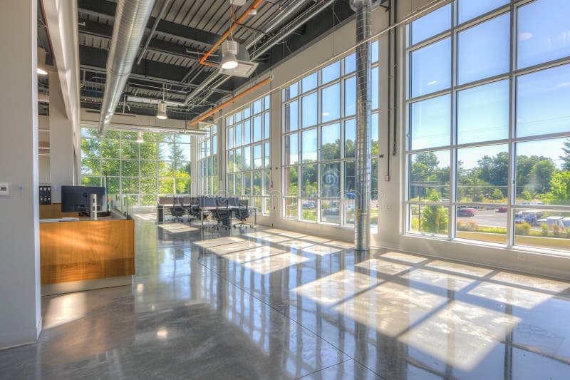 An Open Floor Plan Office with Large Windows and Natural Light Flooding the Workspace Stock ...