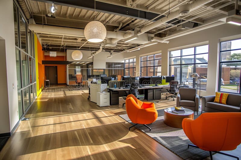 An Open Floor Plan Office with Modern Furniture and Dynamic Work Zones ...