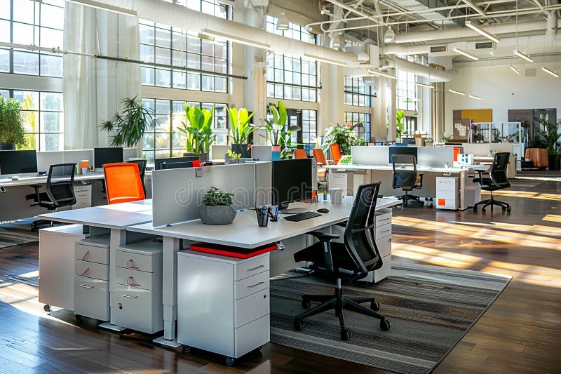 An Open Floor Plan Office with Modern Furniture and Team Workstations ...