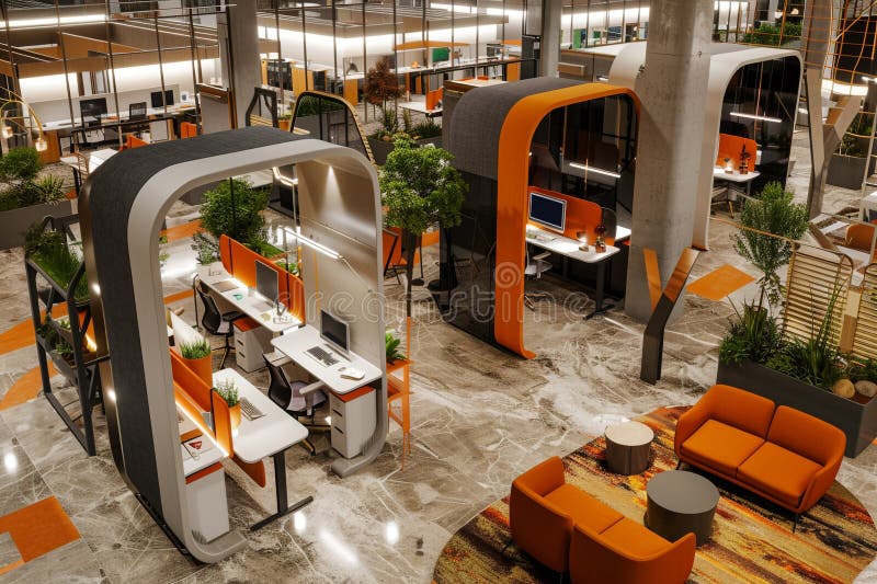 An Open Floor Plan Office with Shared Desks and Private Pods for ...
