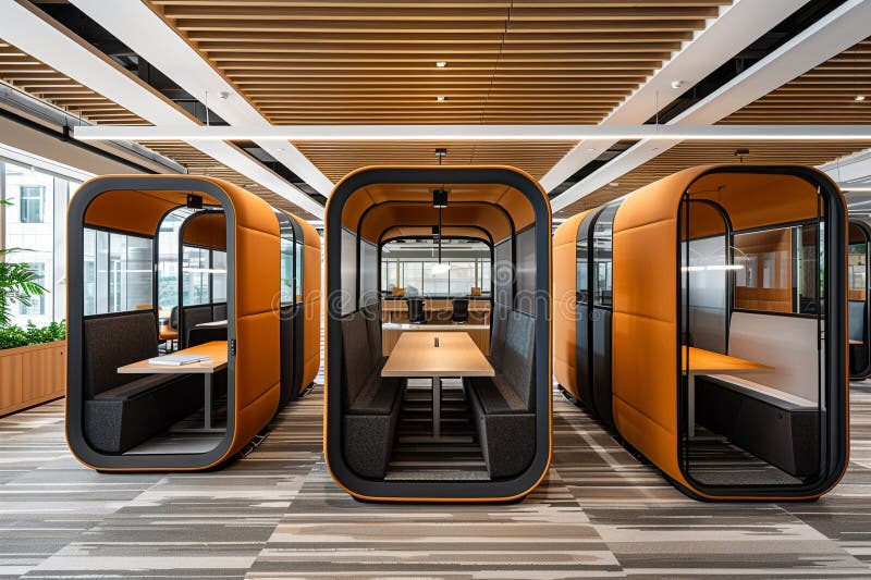 An Open Floor Plan Office with Shared Work Areas and Private Pods for ...