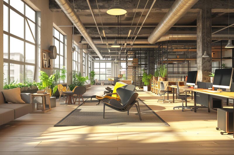 An Open Floor Plan Office with Team Workstations and Cozy Lounge Areas ...