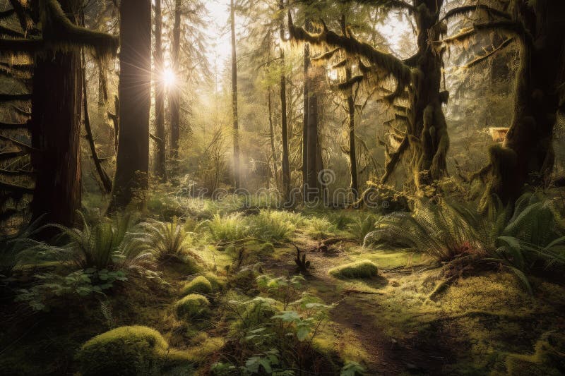 Open Forest with Moss-covered Trees and the Sun Shining through the ...