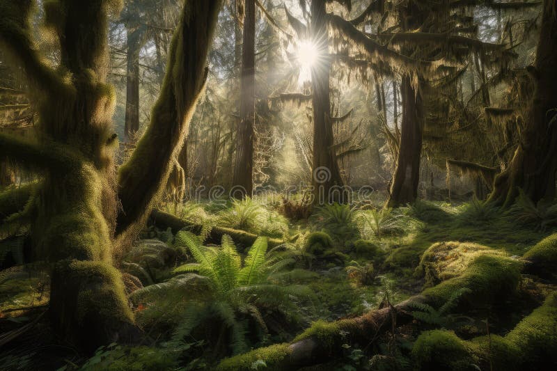 Open Forest with Moss-covered Trees and the Sun Shining through the ...