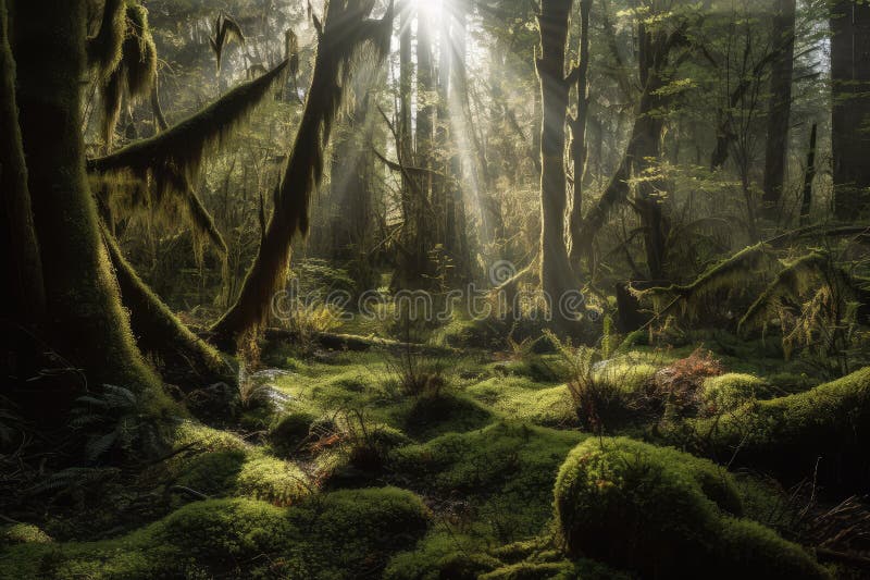 Open Forest with Moss-covered Trees and the Sun Shining through the ...