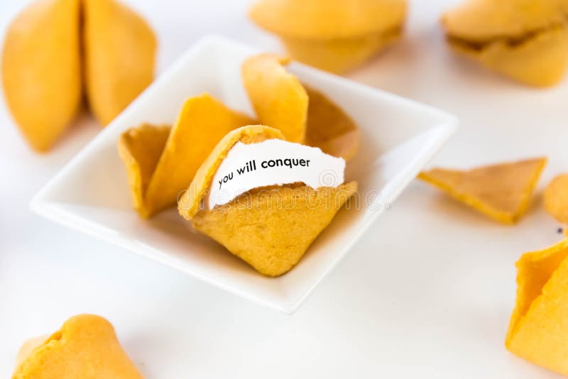Open Fortune Cookie - YOU WILL CONQUER Stock Image - Image of dessert ...