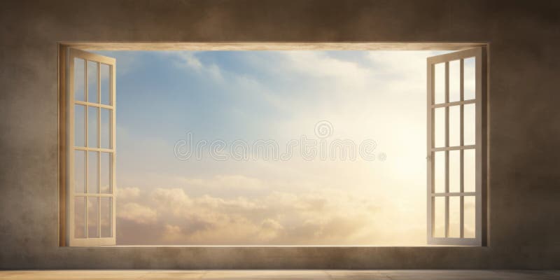 Open French Windows with Warm Sunlight and Fresh Cloudscape View. Sky ...