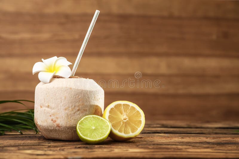 Open Fresh Coconut and Citrus Fruits on Table. Space for Text Stock ...