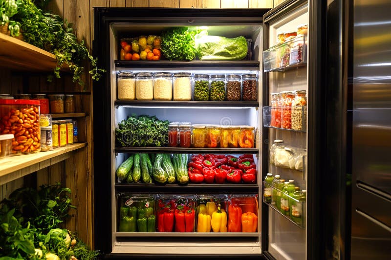 An Open Fridge in a Cozy Kitchen at Night, with the Soft Light ...