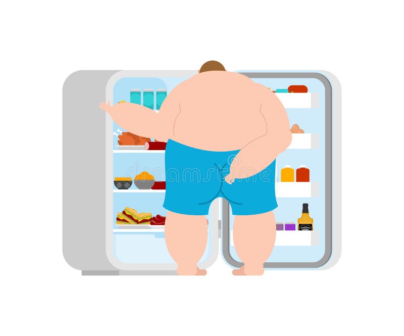 Open Fridge and Fat Man. Lot of Food Stock Vector - Illustration of ...