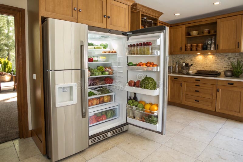 Open Big Fridge with Fresh Products in Kitchen Stock Illustration - Illustration of foodie ...