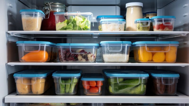 Open Fridge with Variety of Mixed Spices in Plastic Jars Inside Stock ...
