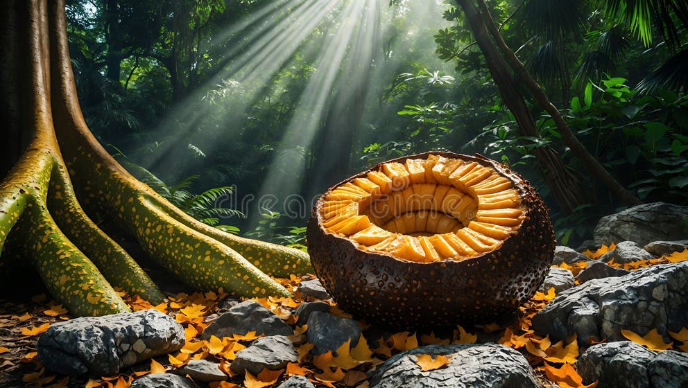 Tropical Fruit in Jungle Setting: Sunbeams Illuminate Sliced Jackfruit ...