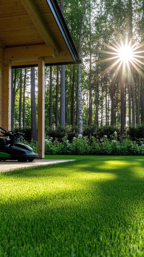 Open Garden Shed Displaying Tools and a Lawn Mower on Grass, with ...