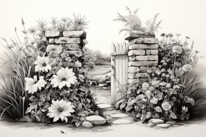 Open Gate in the Garden in Grayscale Pencil Drawing Style Extreme ...