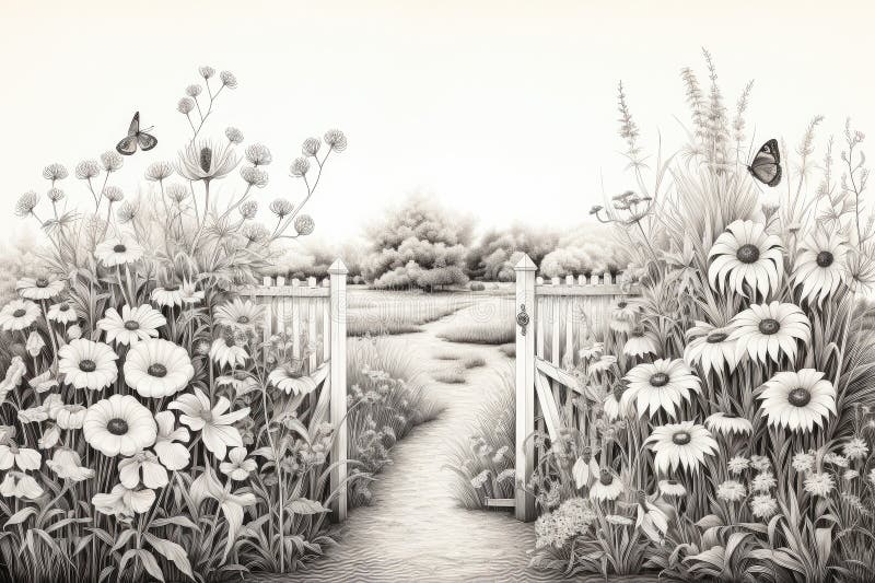 Open Gate in the Garden in Grayscale Pencil Drawing Style Extreme ...