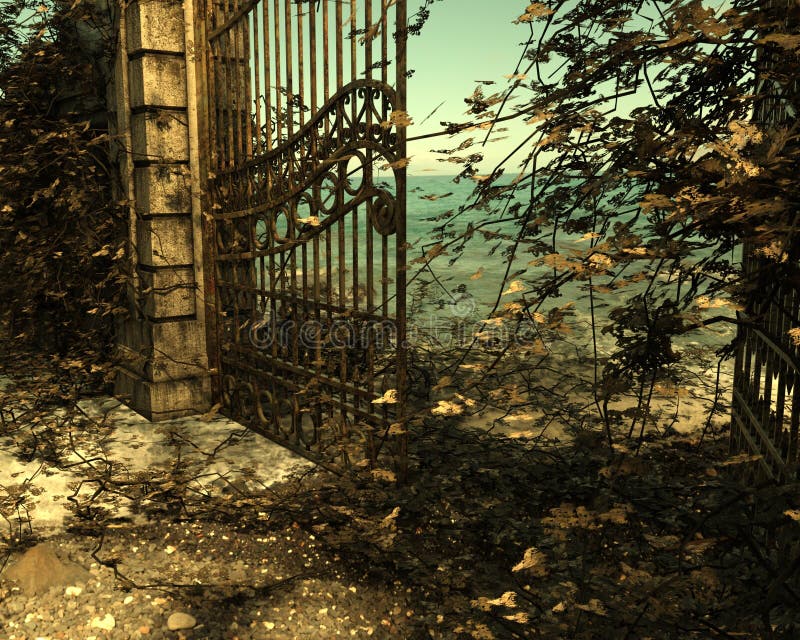 Open gate with sea scene stock illustration. Illustration of scene ...