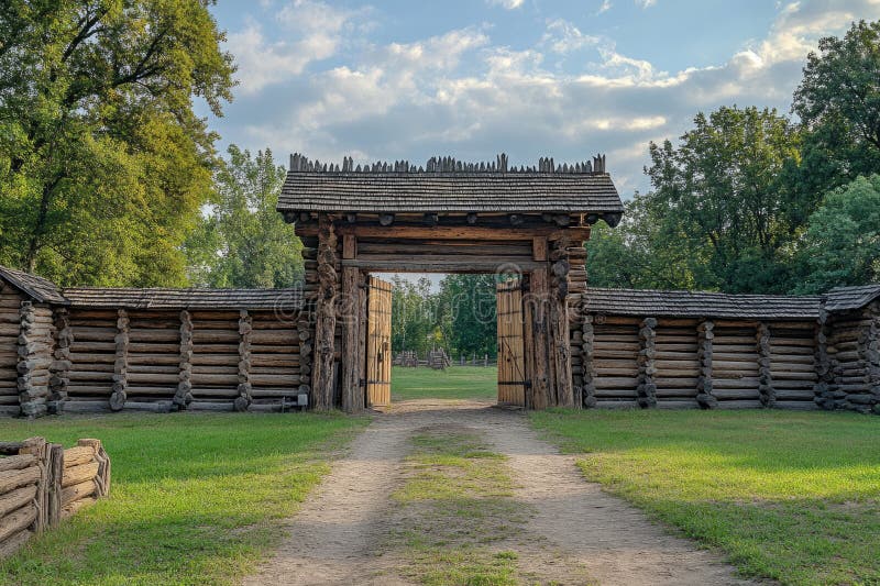Open Gate of a Wooden Fort Reconstruction Under a Cloudy Sky, Inviting ...
