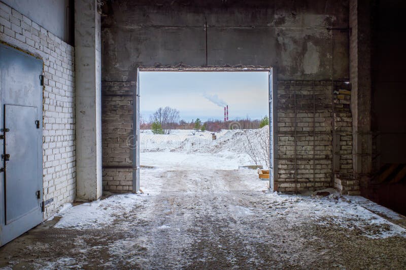Open Gates of a Brick Warehouse in Early Spring, View from Inside the ...