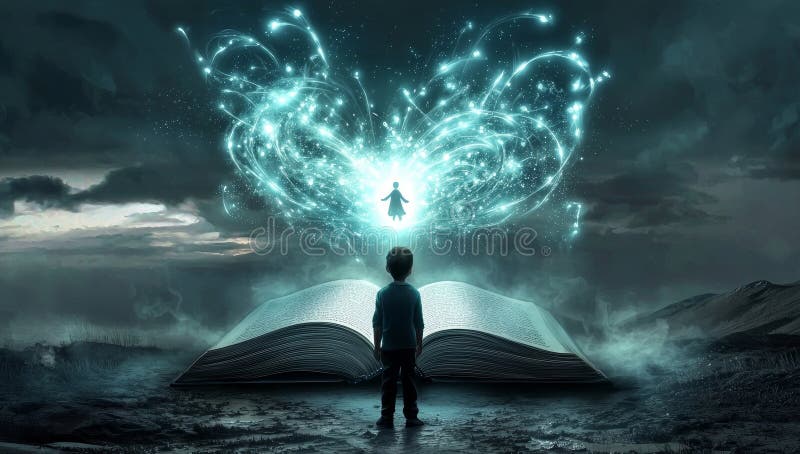 An Open Giant Book with a Boy Standing on it with a Fantasy Light in ...