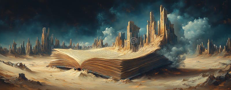 An Open Giant Book in a Surreal Desert Landscape, Merging Knowledge and ...