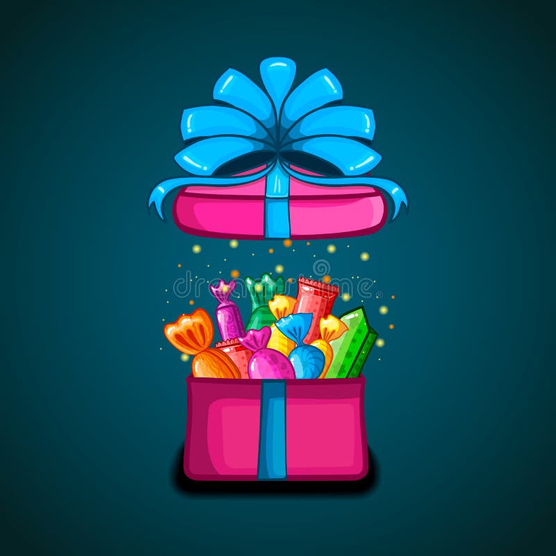 Open Gift Box with Cartoon Vector Candy 2 Stock Vector - Illustration ...