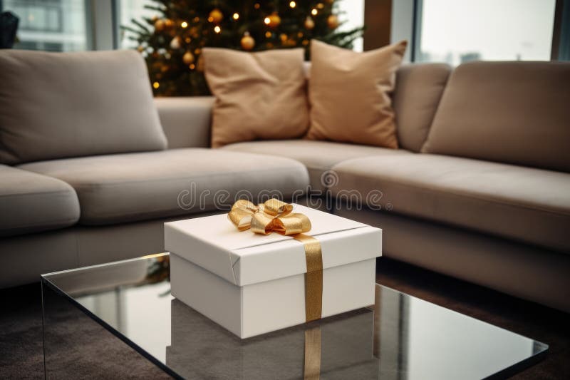 An Open Gift Box on a Classy Living Room Sofa Stock Image - Image of ...